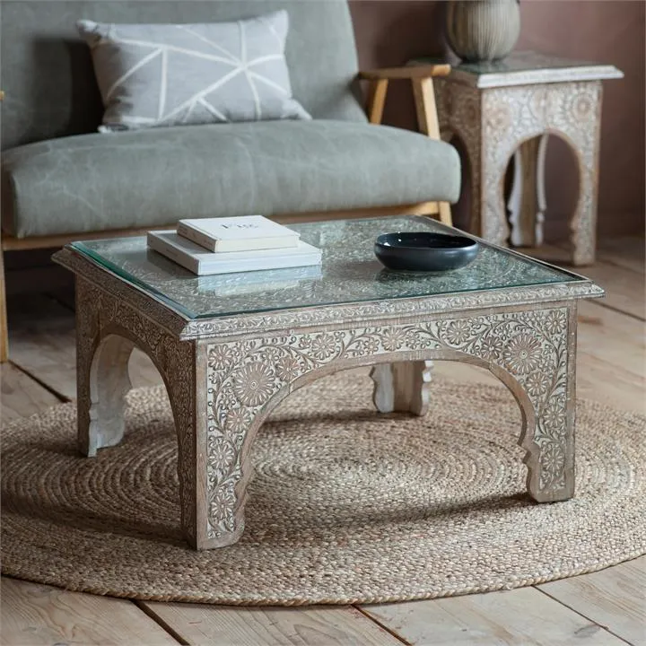 Mallavi Carved Mango Wood Square Coffee Table, 80cm by Casa Bella ...